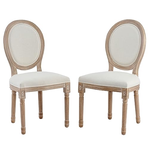 VONLUCE French Country Dining Room Chairs Set of 2, Farmhouse Fabric Chairs with Round Back, Solid Rubberwood Legs, Oval Side Chairs for Kitchen Bedroom Dining Room Beige