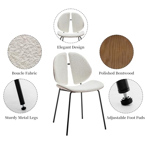 Art Leon Dining Chairs, Set of 2, Modern Boucle Fabric Dining Room Chairs with Bentwood, Armless Accent Chairs with Metal Legs for Kitchen Restaurant, White