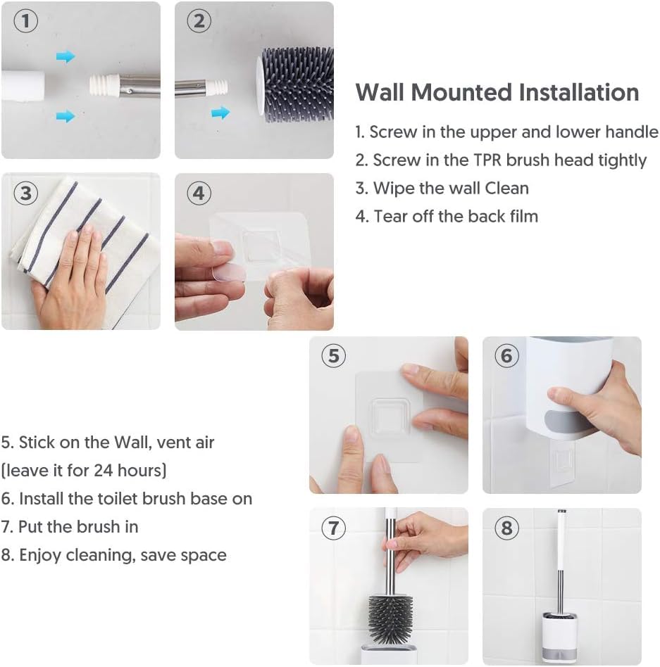 Toilet Brush and Holder Set, Bathroom Toilet Bowl Brush and Caddy Cleaner Anti Slip with Sturdy Soft Silicone Bristle Removable Water Drawer Quick Drying (White)