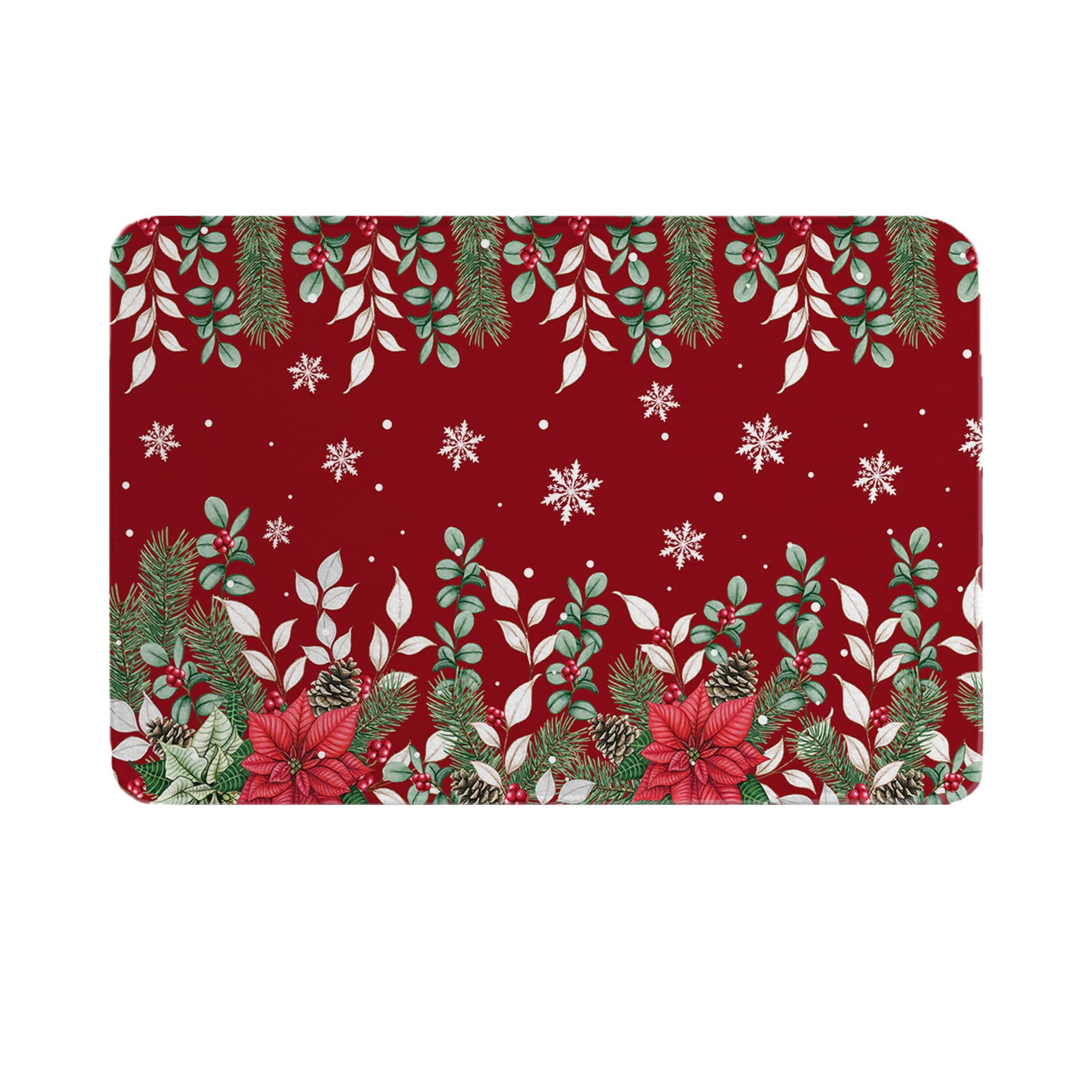 Christmas Botanical Indoor Door Mat, Absorbent Floor Mats Bathroom Rugs, Red Xmas Eucalyptus Leaves Poinsettia Pine Cones Kitchen Runner Rugs, Non Slip Doormat for Bedroom/Sink/Laundry 36x24In