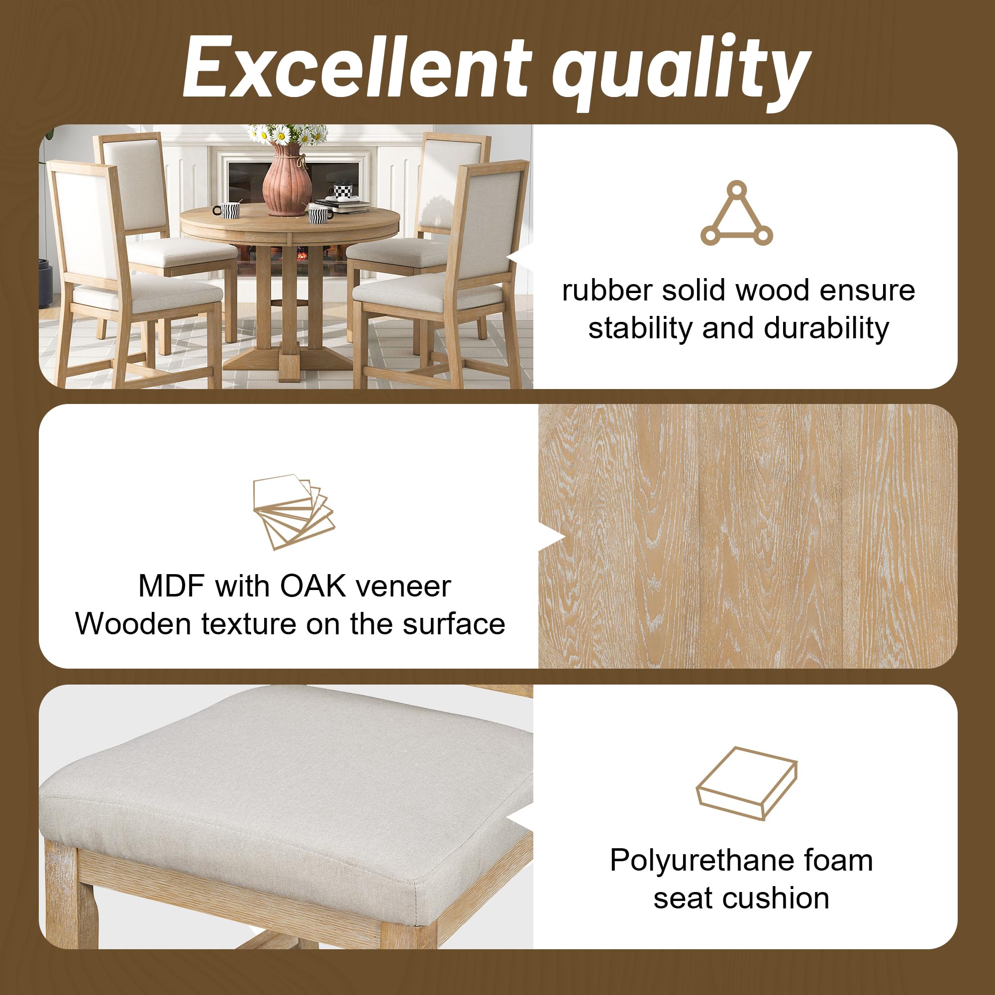 Knocbel 5-Piece Dining Sets 42-58" Extendable Round Table with 4 Upholstered Chairs, Farmhouse Rubber Solid Wood Frame Dining Set for 4 to 6 People Kitchen Dining Room, Natural Wood Wash