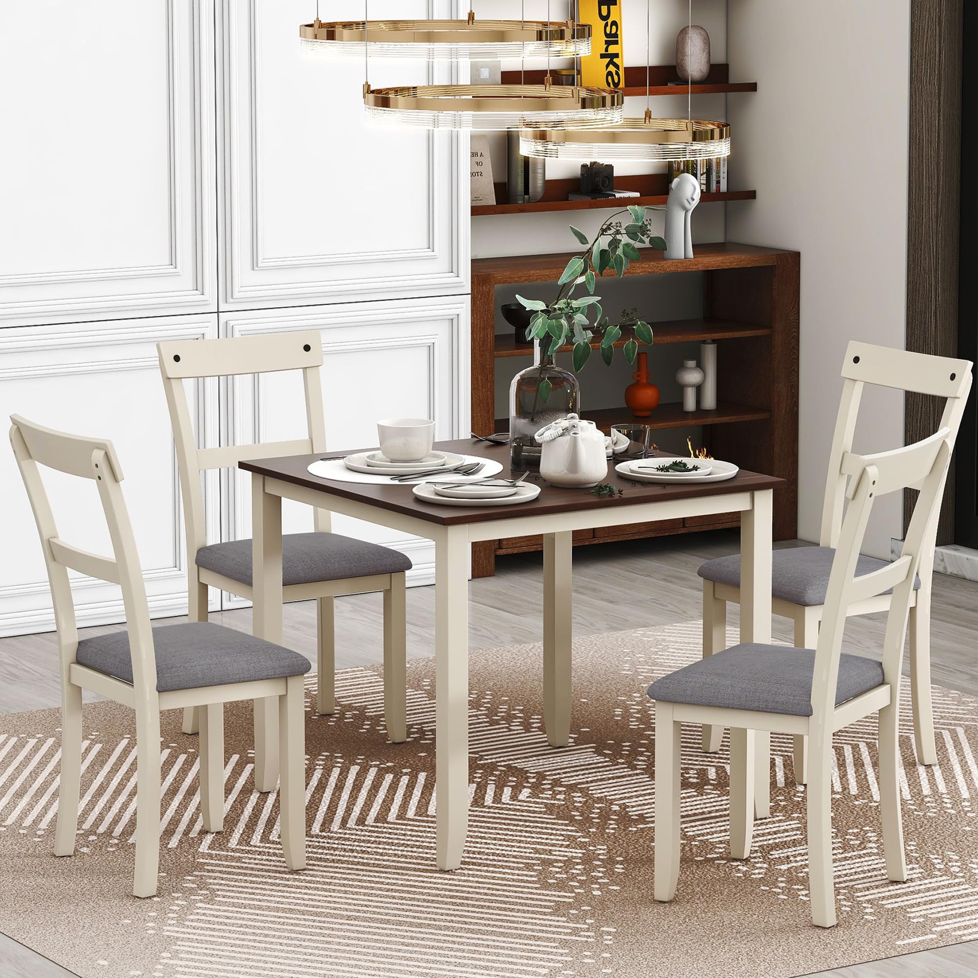 POCIYIHOME 5 Piece 5-Pc East-West Industrial 4 Excellent Chairs with Gray Cushion, Modern Kitchen Table Sets with Wood Legs for Dining Room, Retro Style, Brown+Cottage White