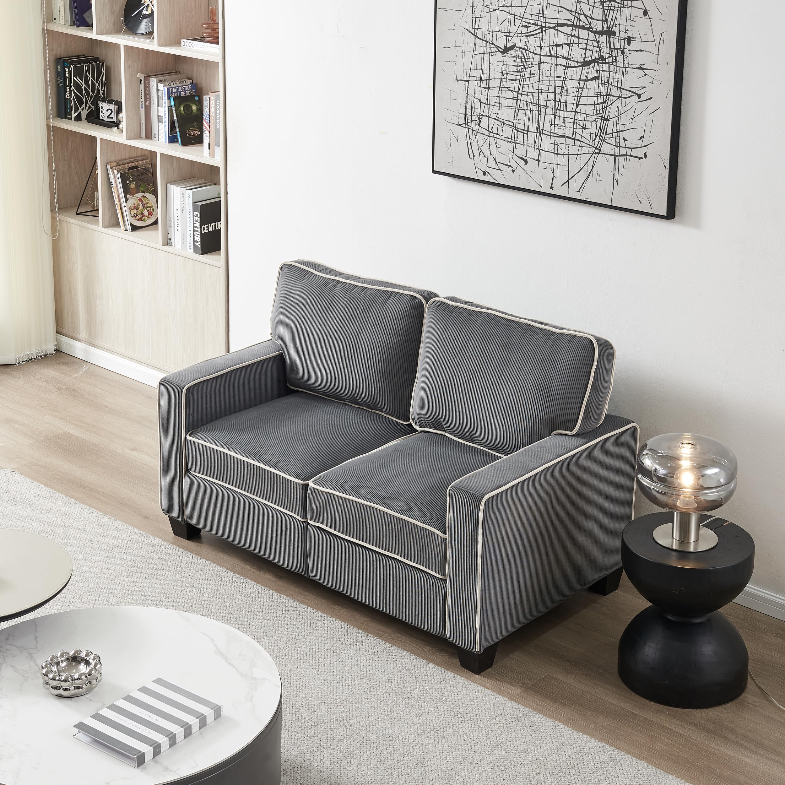 FIQHOME Loveseat Storage,Corduroy Couch Comfort Modern Upholstered Sofa Metal Frame and Solid Wood Legs for Living Room and Bedroom,Light, Dark Grey