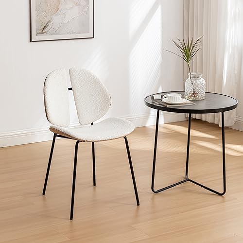 Art Leon Dining Chairs, Set of 2, Modern Boucle Fabric Dining Room Chairs with Bentwood, Armless Accent Chairs with Metal Legs for Kitchen Restaurant, White