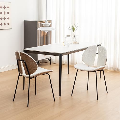 Art Leon Dining Chairs, Set of 2, Modern Boucle Fabric Dining Room Chairs with Bentwood, Armless Accent Chairs with Metal Legs for Kitchen Restaurant, White