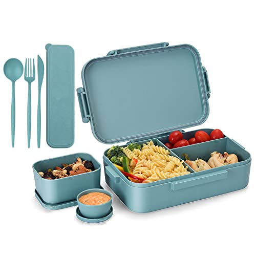 Versatile Spill Proof Bento Box, 2045ml Wheat Straw Lunch Bento Box 5-Compartment Lunch Container +Utensil Case Set, Unbreakable BPA-Free Lunch Box, Easy Open for School, Work, Picnic -Green