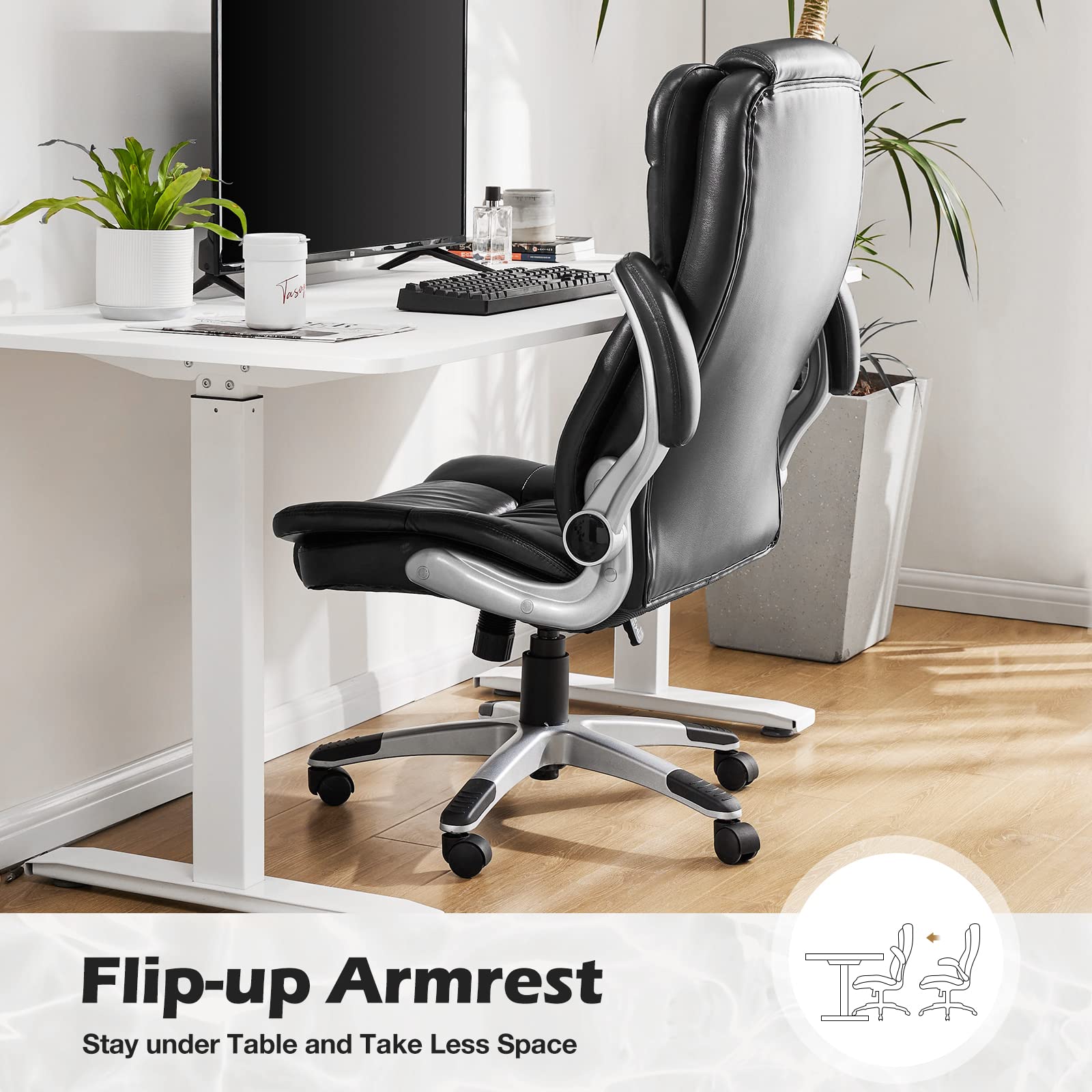 Sweetcrispy Big and Tall Office Chair Adjustable Height High Back Lumbar Support Leather Black