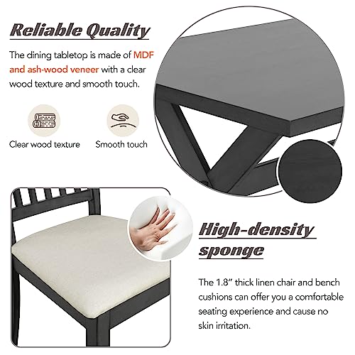 HAUSHECK Rectangular Table with X-Frame Legs, Upholstered Bench & Chair with Hollowed Backrests, Padded Cushion, Modern Rustic Style Home Furniture, Kitchen & Dining Room Sets for 6, Gray