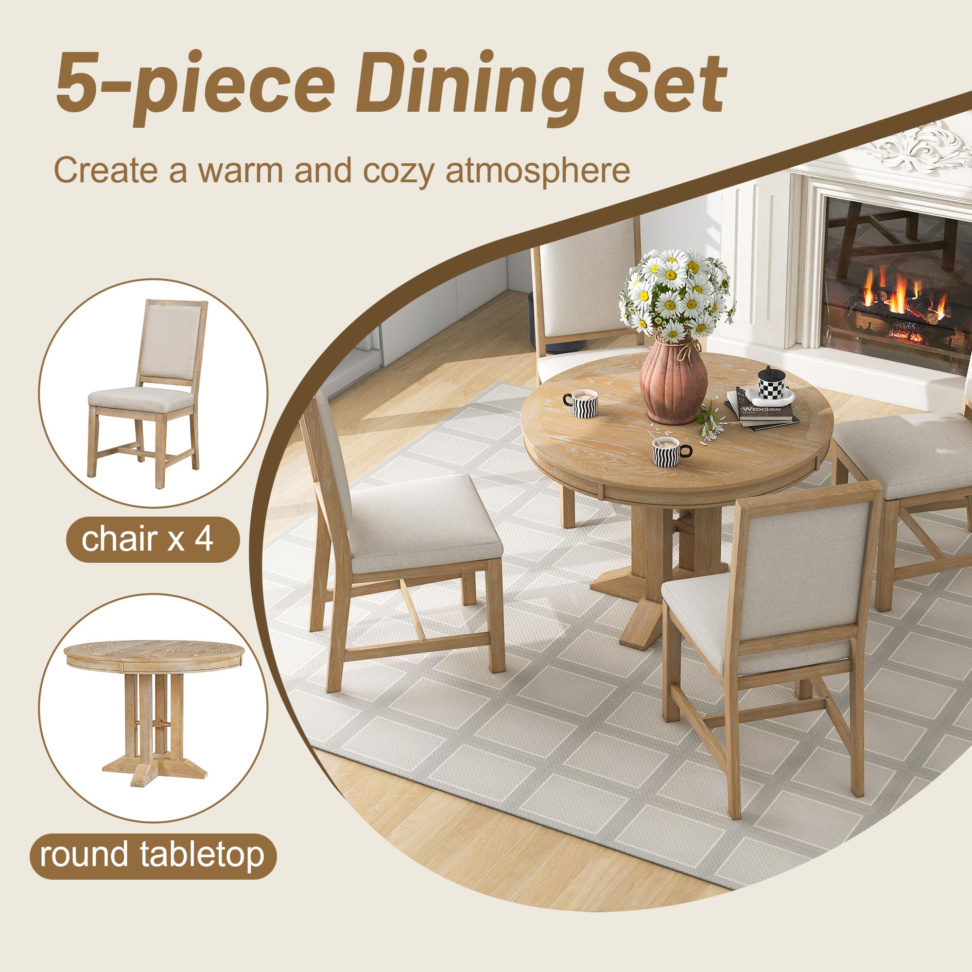 Knocbel 5-Piece Dining Sets 42-58" Extendable Round Table with 4 Upholstered Chairs, Farmhouse Rubber Solid Wood Frame Dining Set for 4 to 6 People Kitchen Dining Room, Natural Wood Wash