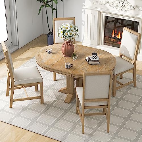KoiHome 5 Piece, 42"-58" Farmhouse Round Extendable 16" Leaf and 4 Upholstered Chairs, Set of 5, Family Dining Table Set for Restaurant, Kitchen (Natural Wood Wash)