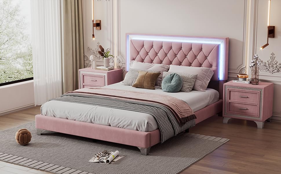 Queen Size Velvet Upholstered Platform Bed Mattress Foundation w/Crystal Tufted Headboard&LED Light for Adult,Low Profile Panel Bed Frame w/Metal Legs&Wooden Slat Support for Bedroom Guestroom (Pink)