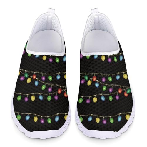 INSTANTARTS Womens Athletic Water Shoes Colorful Christmas Light Air Mesh Quick Dry Sports Aqua Shoes Lightweight Slip-on Outdoor Running Sneakers