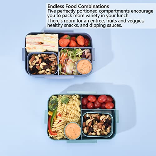 Versatile Spill Proof Bento Box, 2045ml Wheat Straw Lunch Bento Box 5-Compartment Lunch Container +Utensil Case Set, Unbreakable BPA-Free Lunch Box, Easy Open for School, Work, Picnic -Green