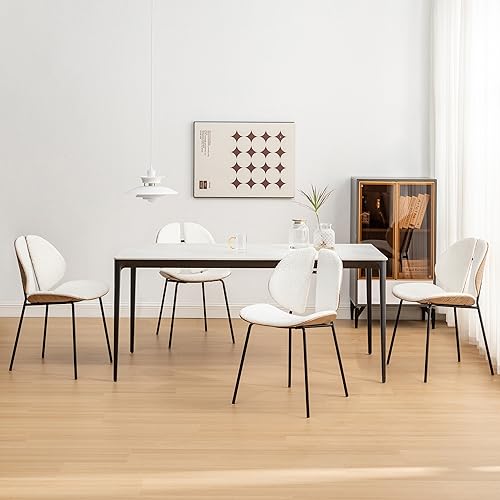 Art Leon Dining Chairs, Set of 2, Modern Boucle Fabric Dining Room Chairs with Bentwood, Armless Accent Chairs with Metal Legs for Kitchen Restaurant, White