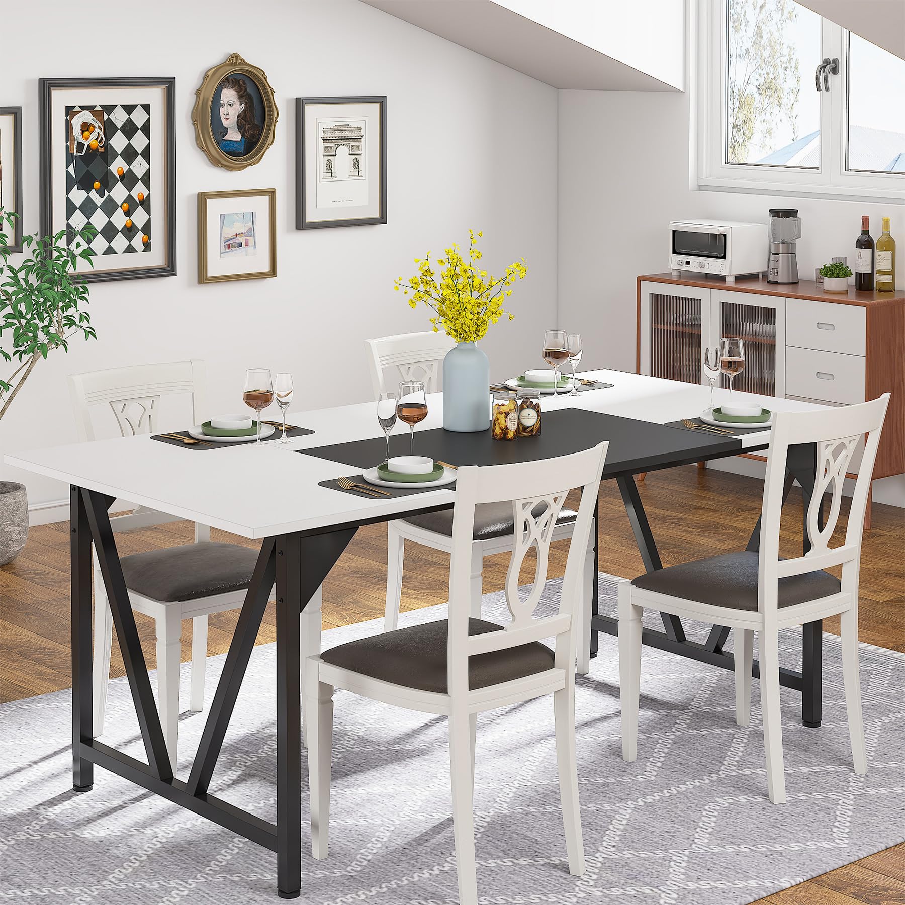 Tribesigns 71'' Large Dining Table for 6-8 Peoples, Modern Wood Kitchen Tables with Splicing Board, Rectangle Dinner Dining Room Table with Heavy-Duty M-Shapped Metal Frame