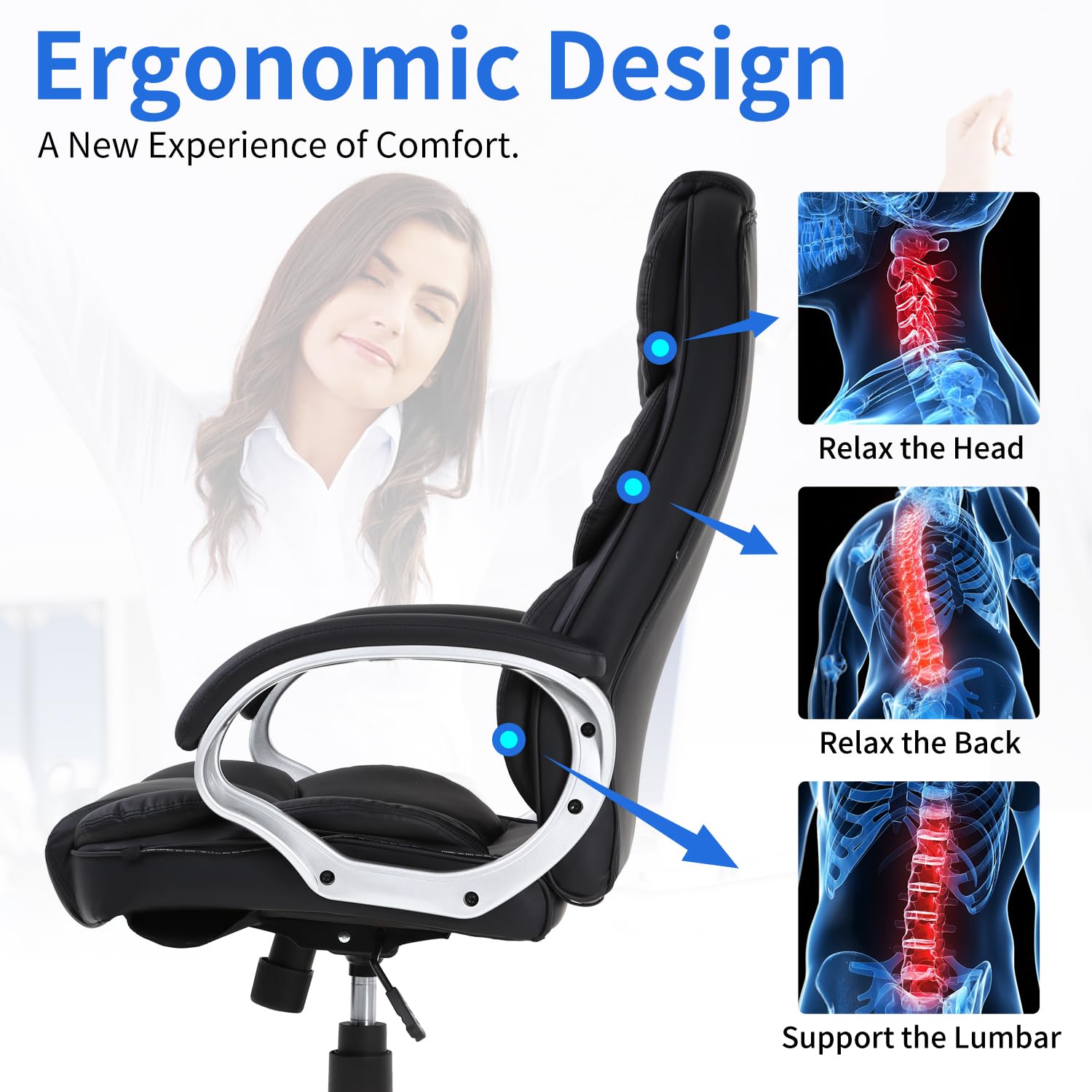 BLKMTY Office Chair Ergonomic Computer Chair PU Leather Chair High Back Desk Chair Adjustable Height Chair with Lumbar Support Executive Swivel Task Chair for Women, Black