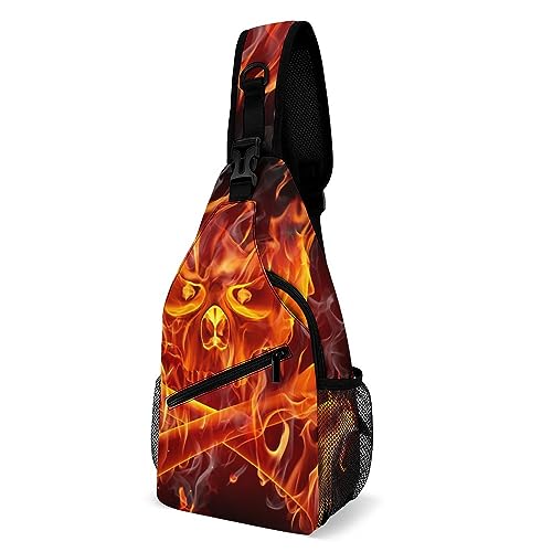 Meaudiwes Traveling Running Casual Chest Bag, Phone Bag, Day Pack Cross Body Sling Backpack For Sports Hiking Compatible with Fire Flaming Skull Crossbones