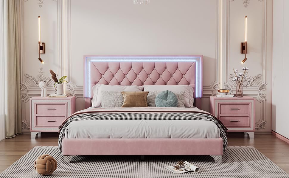 Queen Size Velvet Upholstered Platform Bed Mattress Foundation w/Crystal Tufted Headboard&LED Light for Adult,Low Profile Panel Bed Frame w/Metal Legs&Wooden Slat Support for Bedroom Guestroom (Pink)