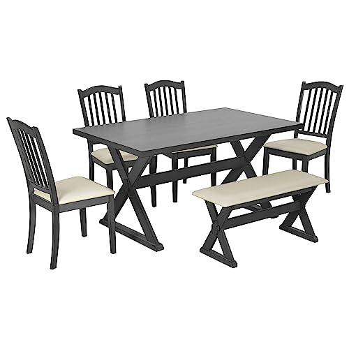 HAUSHECK Rectangular Table with X-Frame Legs, Upholstered Bench & Chair with Hollowed Backrests, Padded Cushion, Modern Rustic Style Home Furniture, Kitchen & Dining Room Sets for 6, Gray