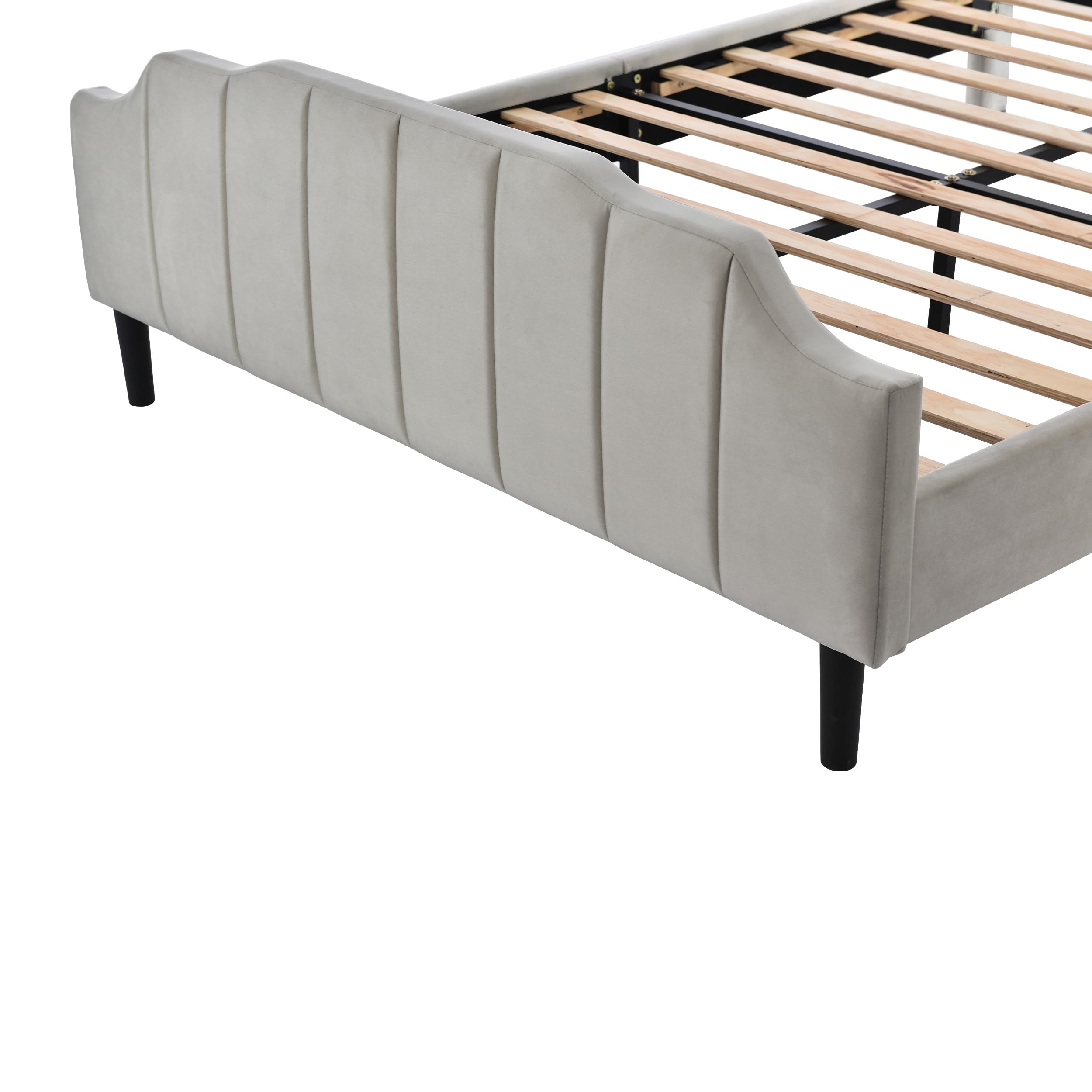 RUNWON Queen Size Upholstered Platform Bed,Bed Frame with Headboard and Footboard for Living Room/Bedroom, Velvet Fabric,Gray