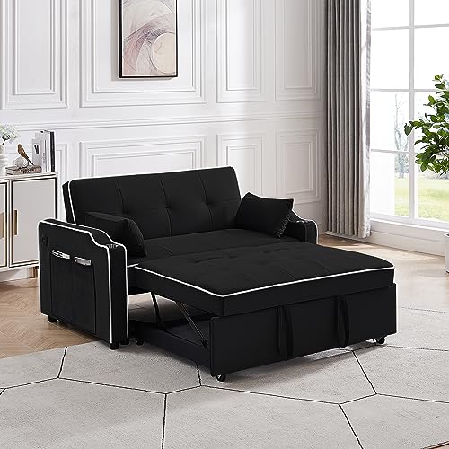 ERYE Modern Convertible Futon Sleeper Sofa with Pull Out Couch Bed, Functional Tufted Loveseat & Daybed for Home Office Apartment Studio Small Space Living RoomBlack W/USB Ports and Cupholders