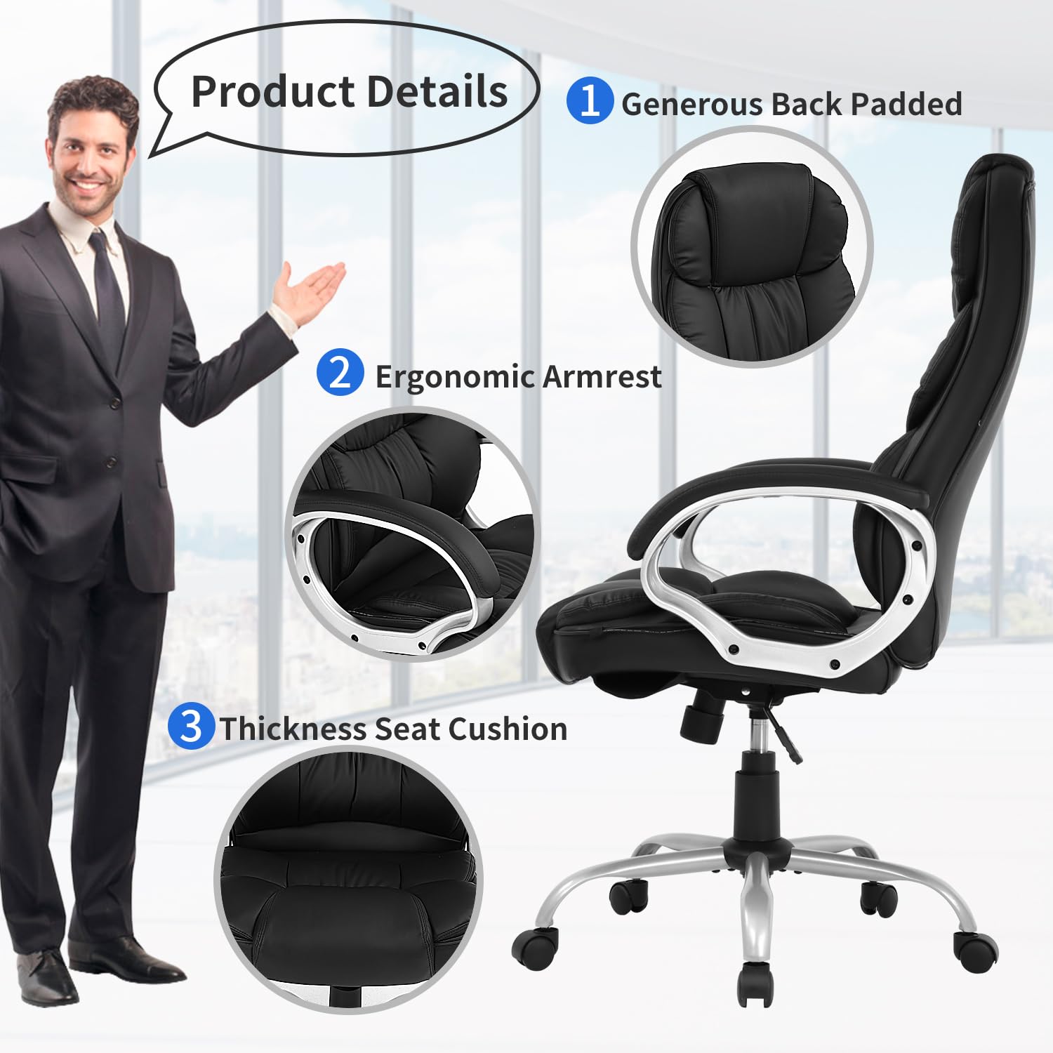 BLKMTY Office Chair Ergonomic Computer Chair PU Leather Chair High Back Desk Chair Adjustable Height Chair with Lumbar Support Executive Swivel Task Chair for Women, Black