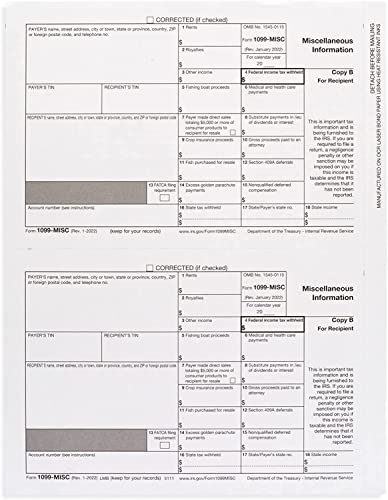 1099 Misc Forms 2022, 4 Part Laser Tax Forms Kit for 25 Vendor with 25 Self-Seal Envelopes, Designed for QuickBooks and Accounting Software