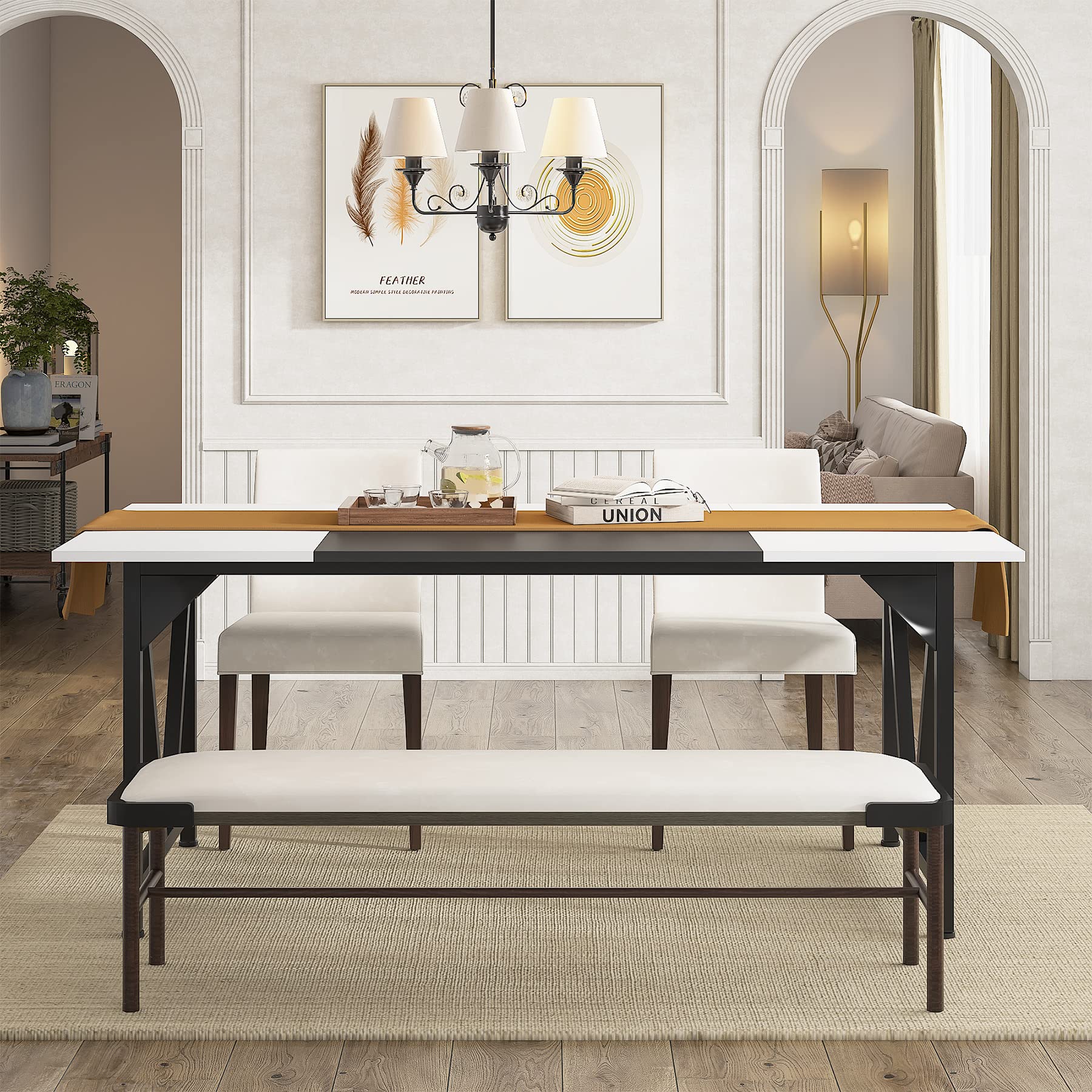 Tribesigns 71'' Large Dining Table for 6-8 Peoples, Modern Wood Kitchen Tables with Splicing Board, Rectangle Dinner Dining Room Table with Heavy-Duty M-Shapped Metal Frame