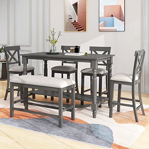 WOZNLA 6-Piece Counter Height Dining Set - Rectangular Wood Table with Shelf, 4 Upholstered Chairs, 1 Bench - Ideal for Kitchen and Family Dining