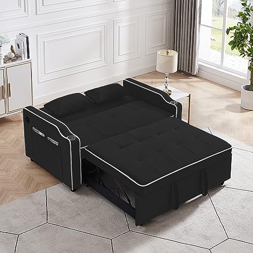 ERYE Modern Convertible Futon Sleeper Sofa with Pull Out Couch Bed, Functional Tufted Loveseat & Daybed for Home Office Apartment Studio Small Space Living RoomBlack W/USB Ports and Cupholders