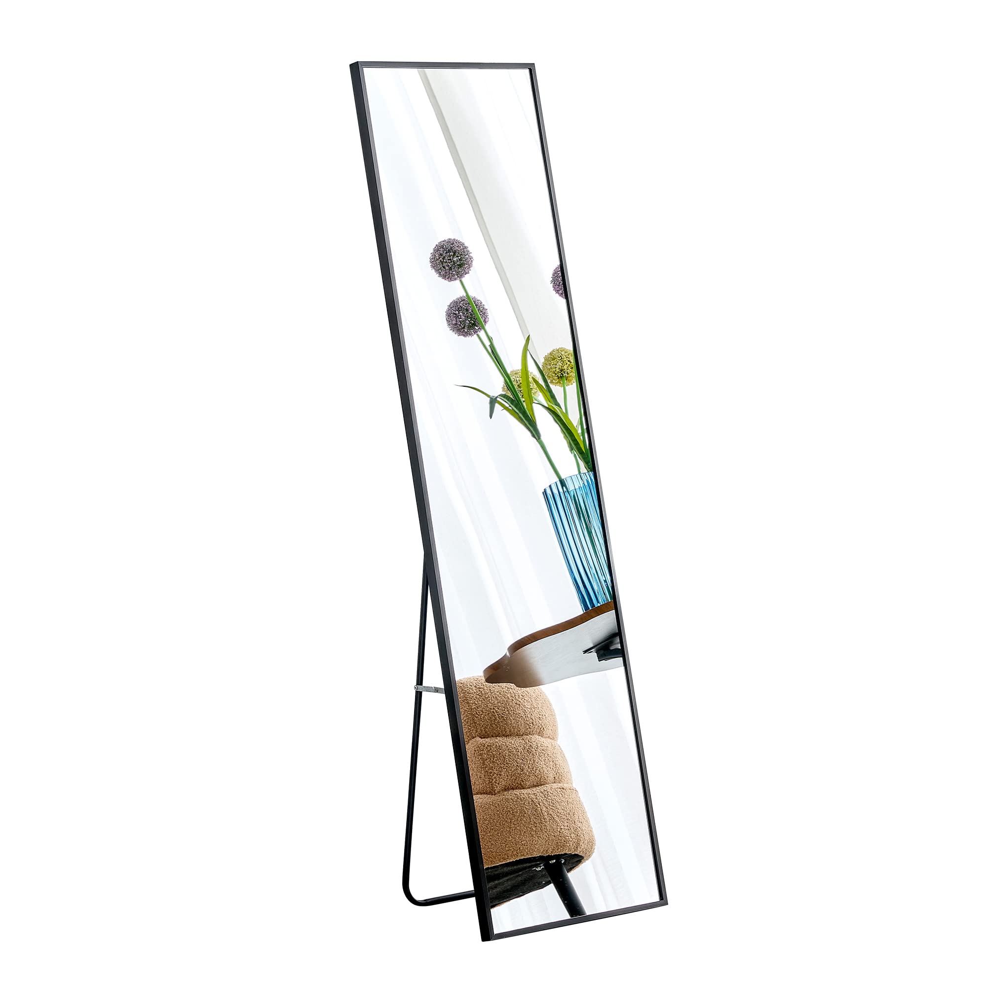 Aluminium Alloy Metal Frame Wall Mounted Full Body Mirror,Bathroom Vanity Mirror, Bedroom Home Porch, Decorative Mirror, Clothing Store, Floor Mounted Large Mirror,.Black 63"*20"