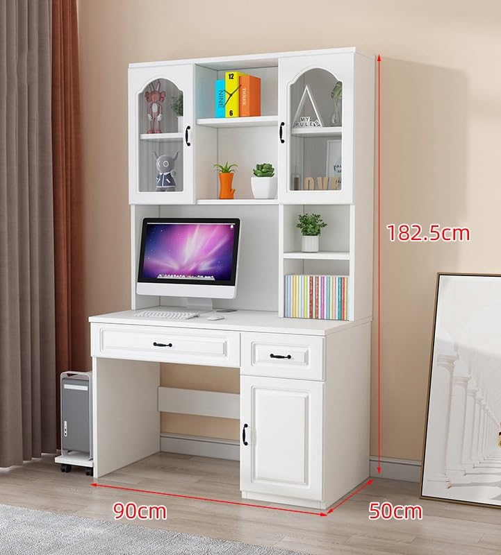 KIRANDY Girls' Bedroom Study Desk and Bookshelf Combo, Computer Desk with Drawers (Color : White 90x50x182.5cm Solid Wood)