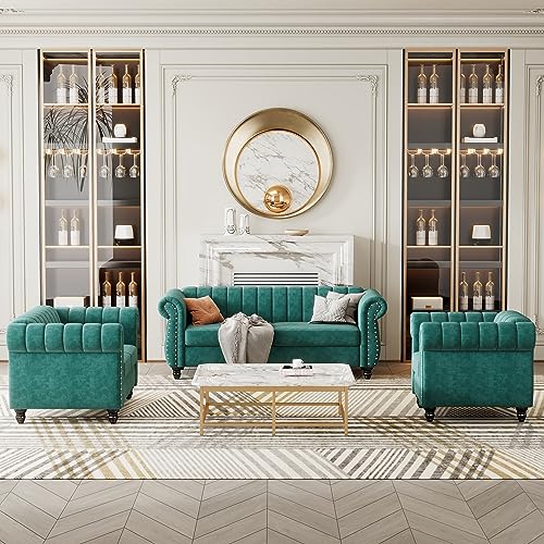 3-Piece Sofa Sets Living Room Sets with Solid Wood legs, Buttoned Tufted Backrest, Frosted Velvet Upholstered Couches Sets Including 3-Seat Sofa, Loveseat and Chair for Living Room (Green)