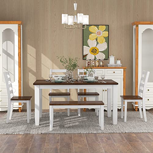 FIQHOME 6-Piece Room, Kitchen Set with Wood Dining Table,Bench and 4 Ergonomic Designed Chairs,Walnut + Cottage White