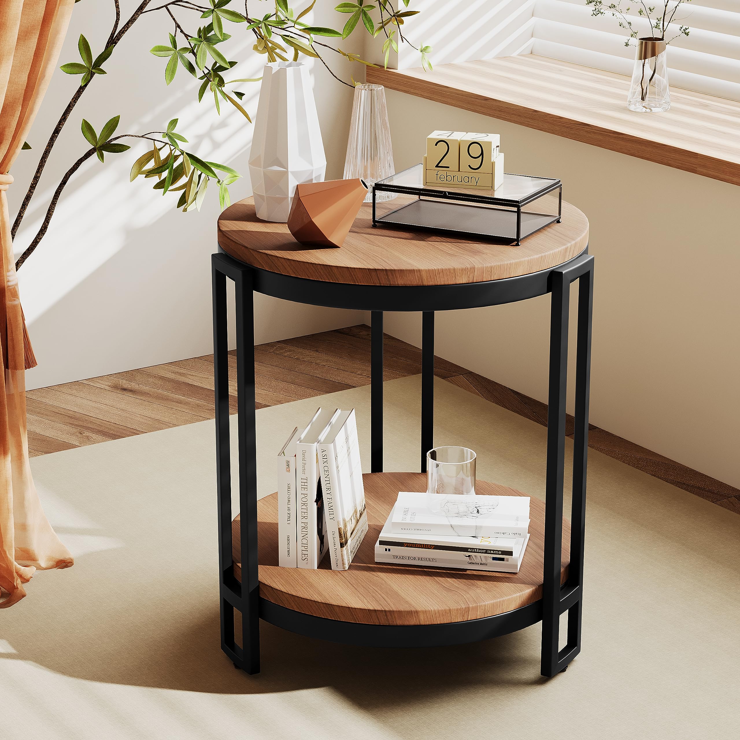 Alunaune Industrial End Table, 2-Tier Marble Look Round Side Table, Small Modern Storage Shelf Black Metal Coffee Table Nightstand for Living Room Bedroom-Brown with Black Leg