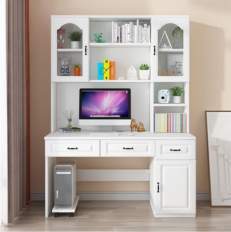 KIRANDY Girls' Bedroom Study Desk and Bookshelf Combo, Computer Desk with Drawers (Color : White 90x50x182.5cm Solid Wood)