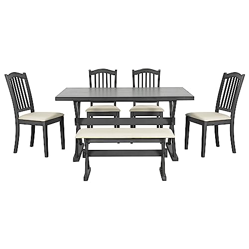 HAUSHECK Rectangular Table with X-Frame Legs, Upholstered Bench & Chair with Hollowed Backrests, Padded Cushion, Modern Rustic Style Home Furniture, Kitchen & Dining Room Sets for 6, Gray