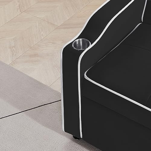 ERYE Modern Convertible Futon Sleeper Sofa with Pull Out Couch Bed, Functional Tufted Loveseat & Daybed for Home Office Apartment Studio Small Space Living RoomBlack W/USB Ports and Cupholders