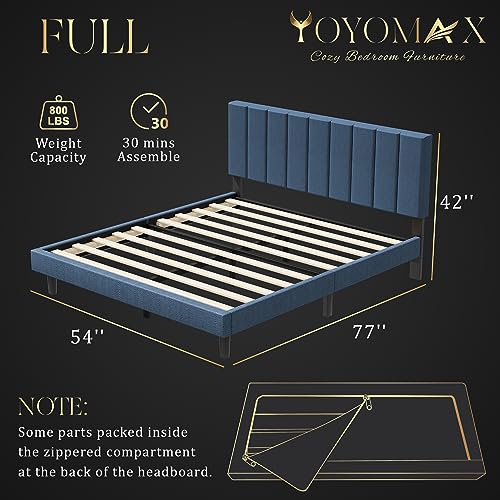 yoyomax Full Size Upholstered Bed Frame Platform with Linen Fabric Headboard and Strong Wooden Slats Support, Non-Slip & Noise-Free, Easy Assembly, No Box Spring Needed, Blue