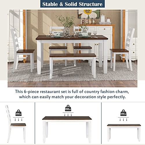 FIQHOME 6-Piece Room, Kitchen Set with Wood Dining Table,Bench and 4 Ergonomic Designed Chairs,Walnut + Cottage White