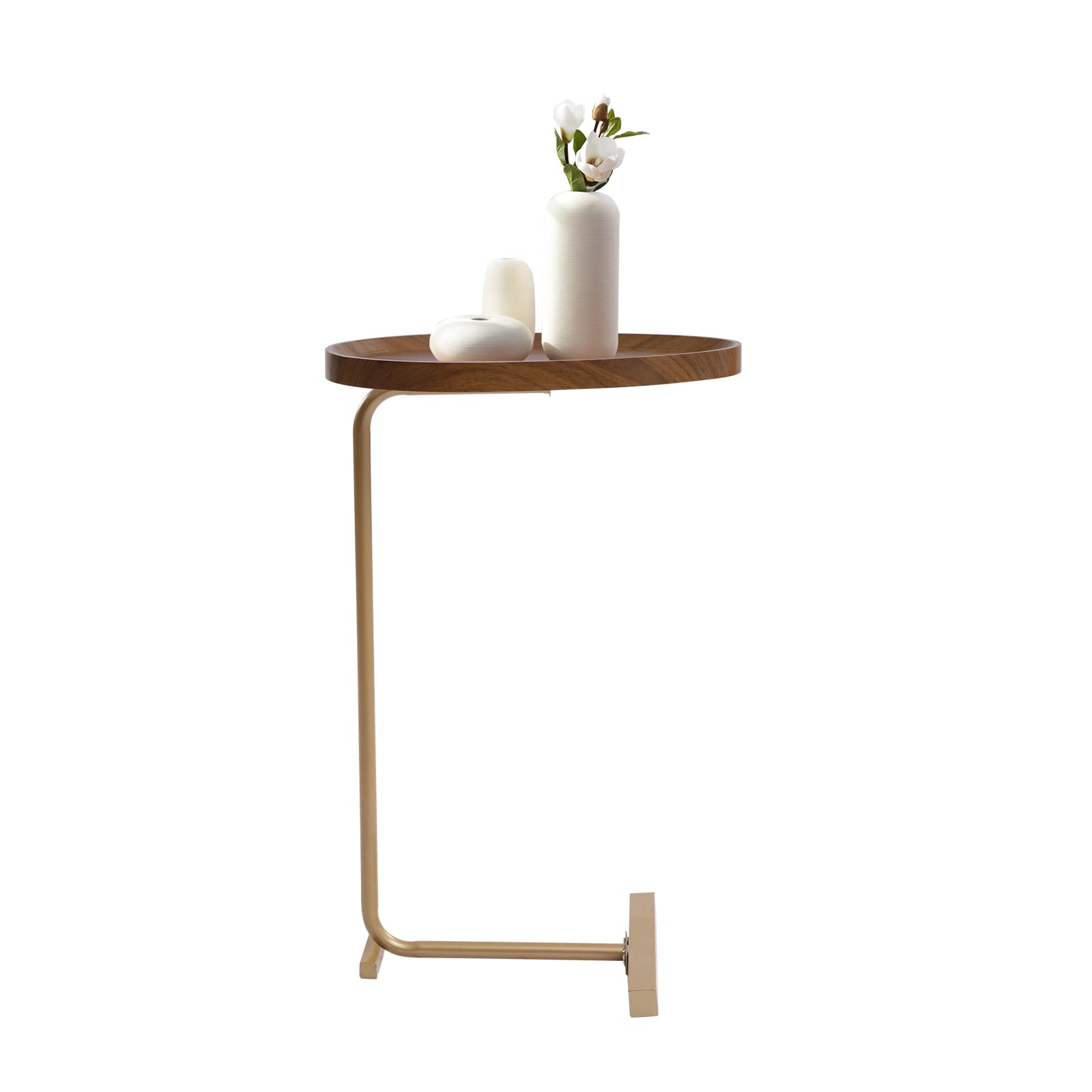 Modern C-Side Table for Couch - Small and Versatile End Table for Living Room or Bedroom - Perfect for Small Spaces - Ideal for Placing Electronic Devices and Drinks (Metal + Walnut)