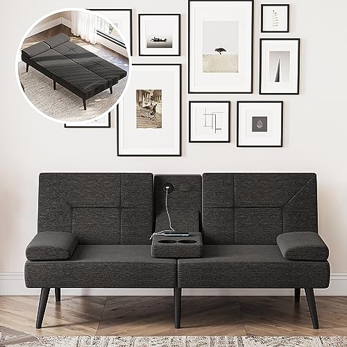 BELLEZE Convertible Sofa Bed with USB Charging Port, Modern Loveseat, Sleeper Sofa, Futon Couch for Living Room, Guest Room, Garage - Madison (Dark Gray Linen)