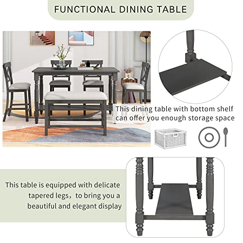 WOZNLA 6-Piece Counter Height Dining Set - Rectangular Wood Table with Shelf, 4 Upholstered Chairs, 1 Bench - Ideal for Kitchen and Family Dining