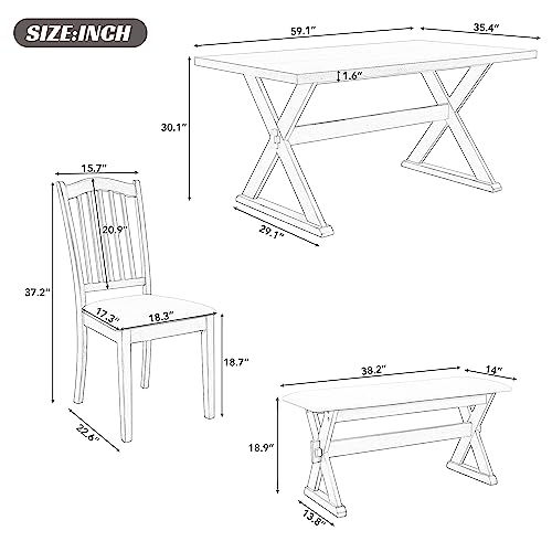HAUSHECK Rectangular Table with X-Frame Legs, Upholstered Bench & Chair with Hollowed Backrests, Padded Cushion, Modern Rustic Style Home Furniture, Kitchen & Dining Room Sets for 6, Gray