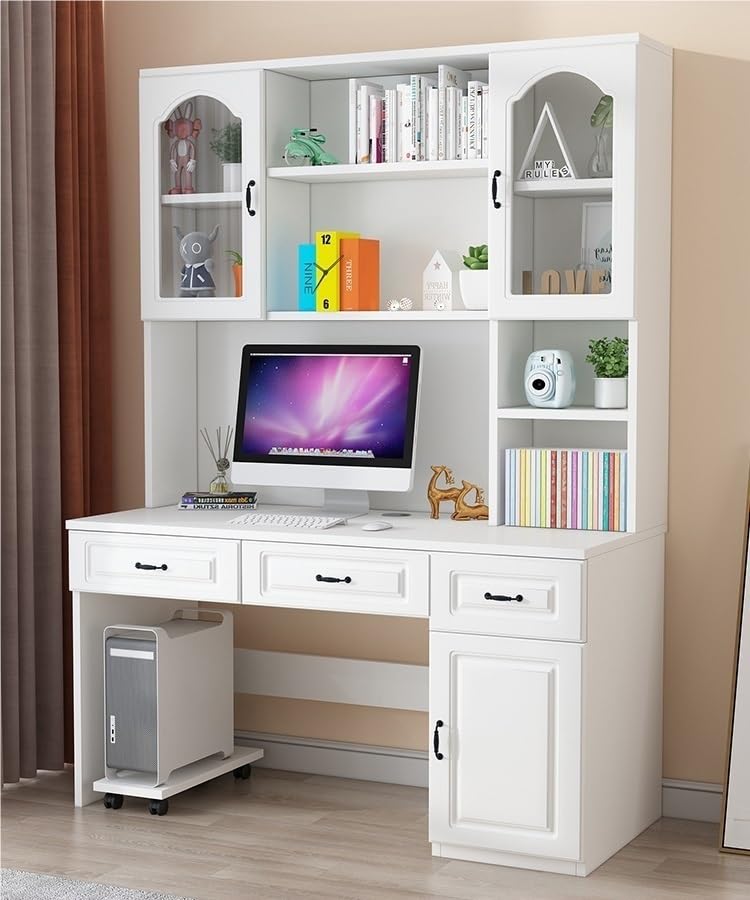 KIRANDY Girls' Bedroom Study Desk and Bookshelf Combo, Computer Desk with Drawers (Color : White 90x50x182.5cm Solid Wood)