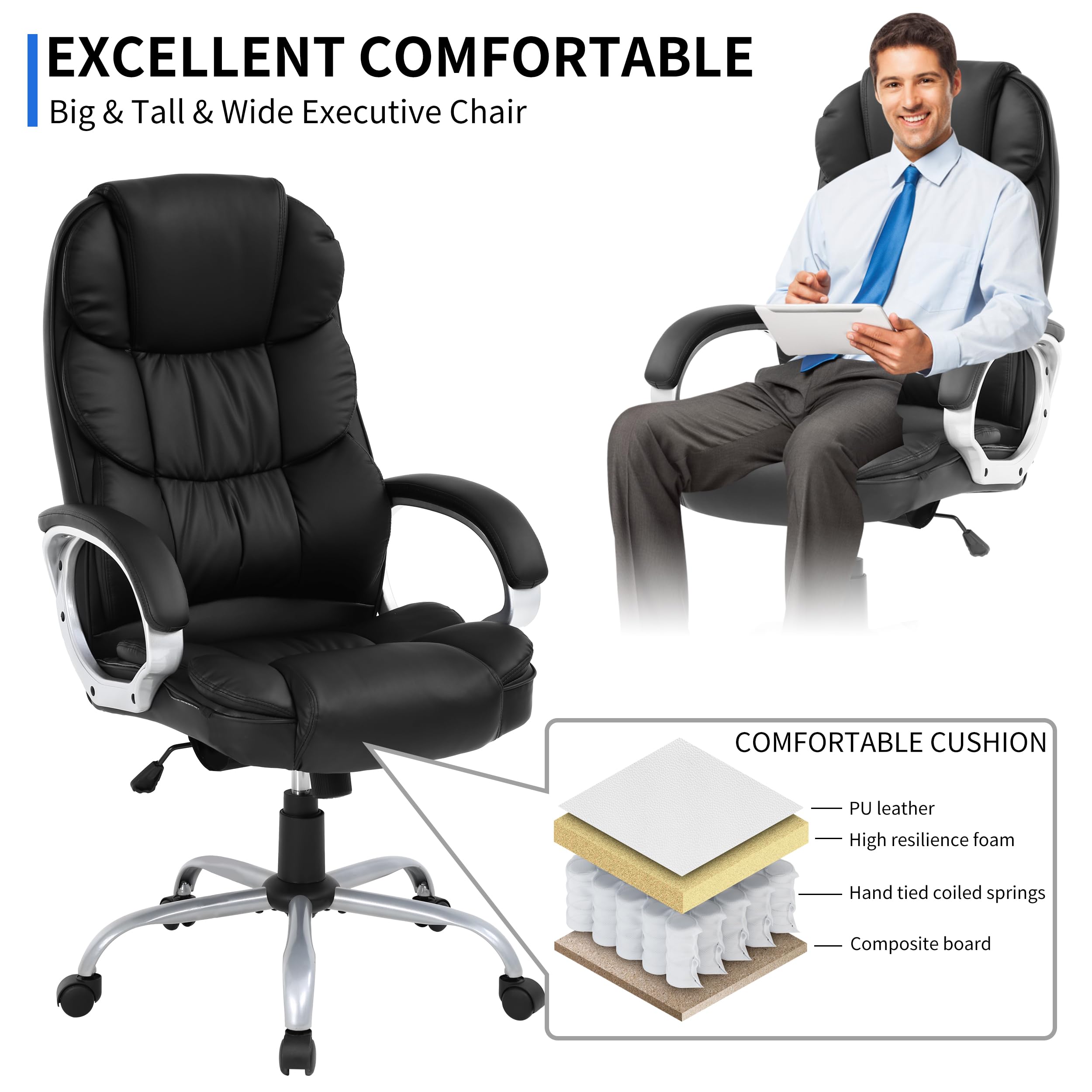 BLKMTY Office Chair Ergonomic Computer Chair PU Leather Chair High Back Desk Chair Adjustable Height Chair with Lumbar Support Executive Swivel Task Chair for Women, Black