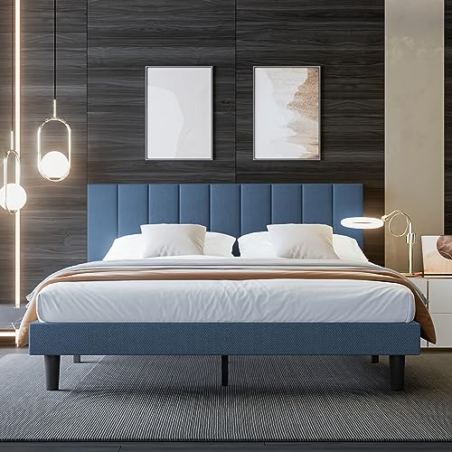 yoyomax Full Size Upholstered Bed Frame Platform with Linen Fabric Headboard and Strong Wooden Slats Support, Non-Slip & Noise-Free, Easy Assembly, No Box Spring Needed, Blue
