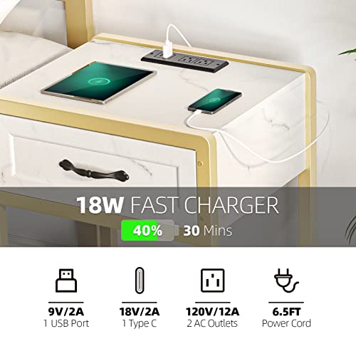 IDEALHOUSE Nightstand, White and Gold Night Stand with Charging Station, Side Table Bedside Table with Drawer, End Table with Storage Shelf for Bedroom, Living Room, Dorm (White(1 Pack))