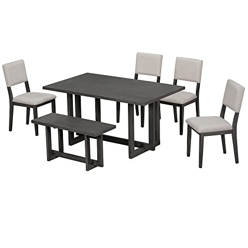 KoiHome Retro Support Design, 4 Chairs with Soft Cushions and a Wood Bench, Kitchen Home Room/Restaurant Furniture (Gray), 6-Piece Dining Table Set with H-Shaped Legs