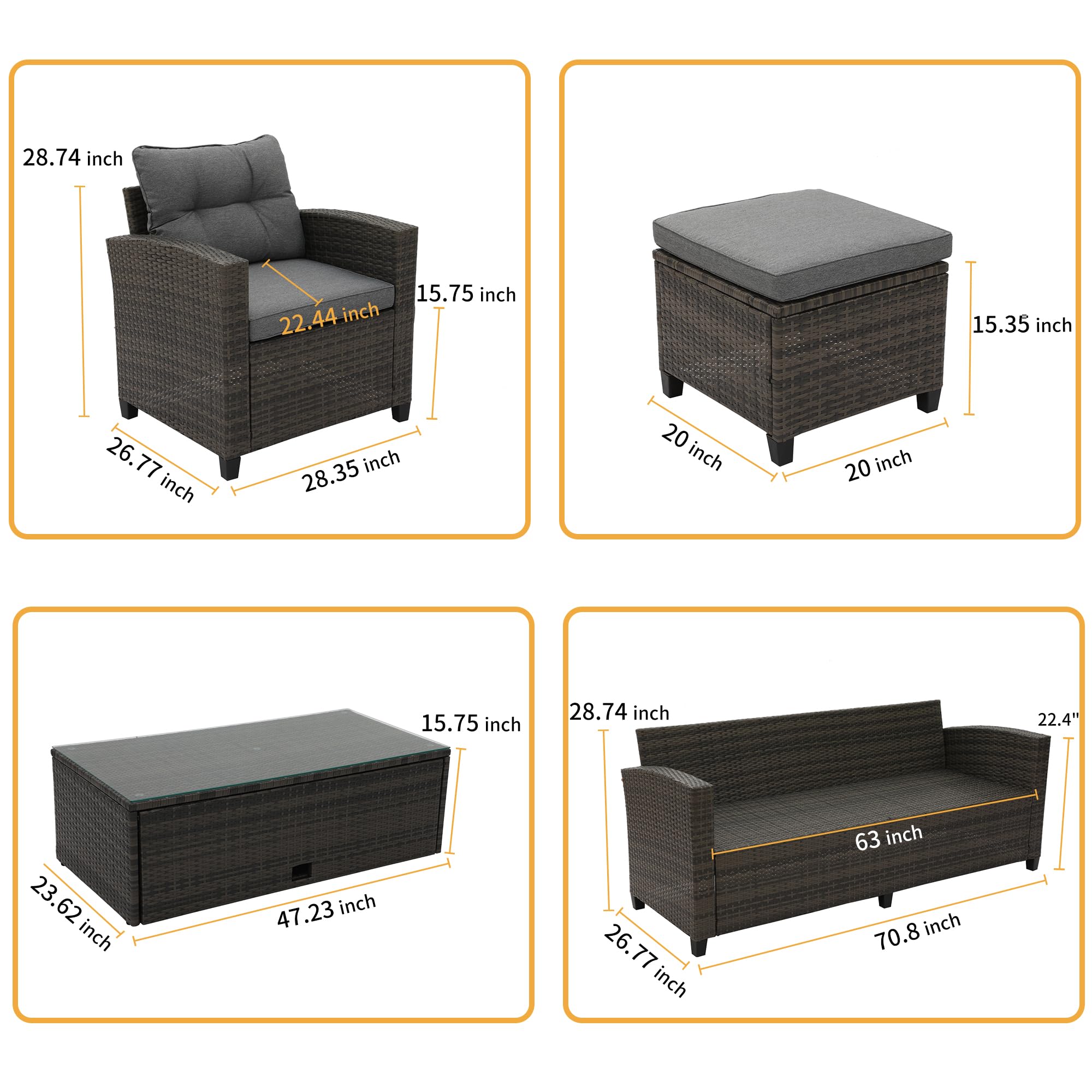 Clihome 6pcs Patio Sofa Set Outdoor PE Rattan Sectional Set with Cushions Lounge Chaise and Coffee Table Wicker Patio Furniture for Patio Backyard Garden Poolside